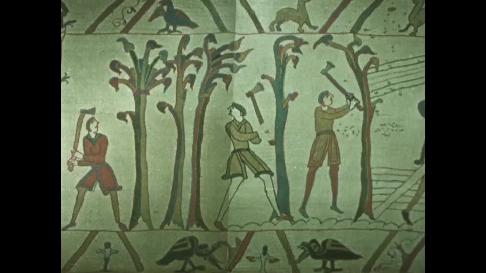 1960s: Art depicting the chopping of trees and building of boats ...