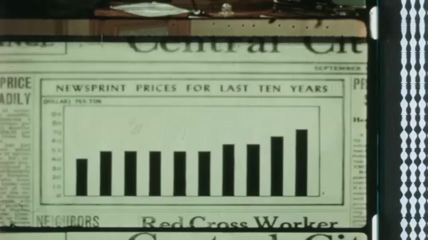 1940s: Bar graph in newspaper. Two teen boys stand in classroom, look ...