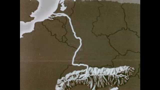1950s: Map of Rhine River running through Europe from the Alps to the ...
