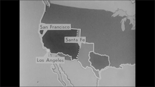 1950s: Horses running in dirt. Map of United States, territories appear ...