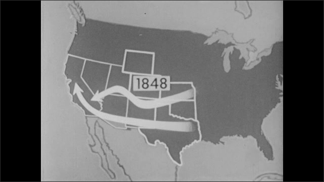 1950s: Map of United States, state borders appear. Covered wagons ...