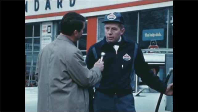 1960s: Gas station, man holds microphone, interviews man wearing ...