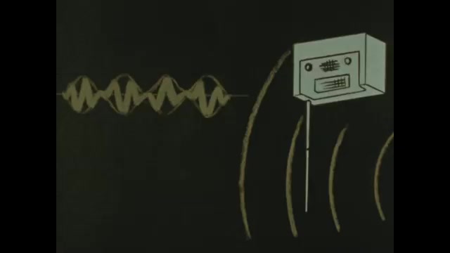 1950s: Animated sound waves reach antenna of radio. Woman in lab coat sits at control panel and ...