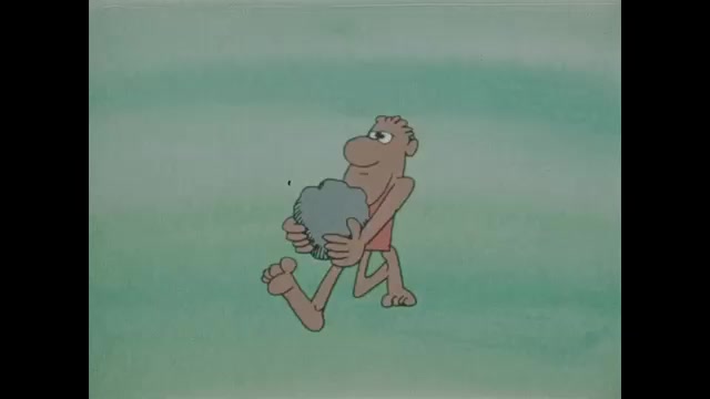 1970s: Animated caveman carries and sits down large rock. Hand holds ...