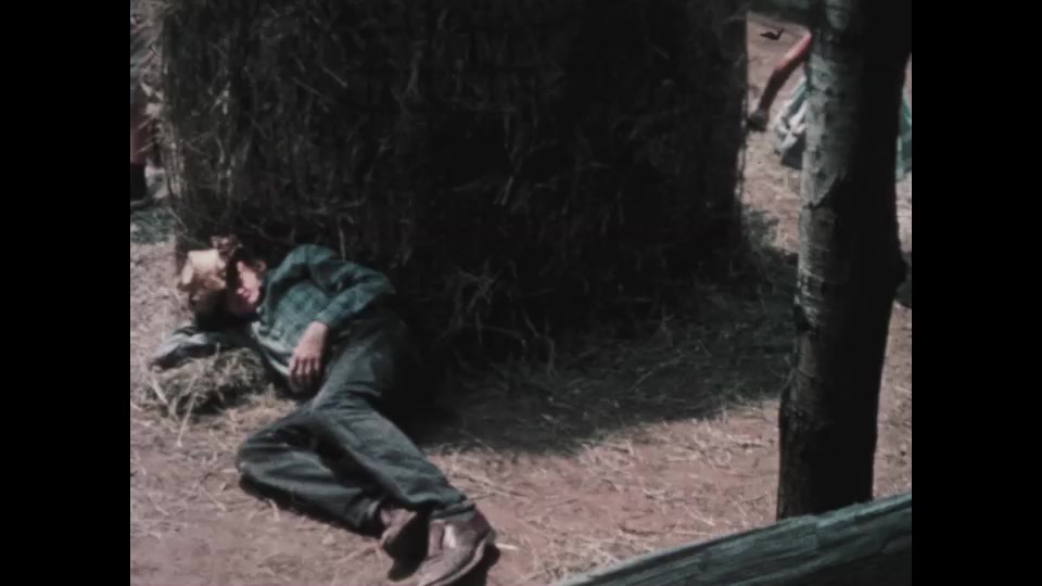 1960s: Children find little boy sleeping behind haystack. Girl puts ...