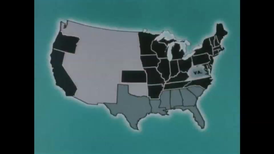 1960s: Map of United States with different colored states. A few states ...