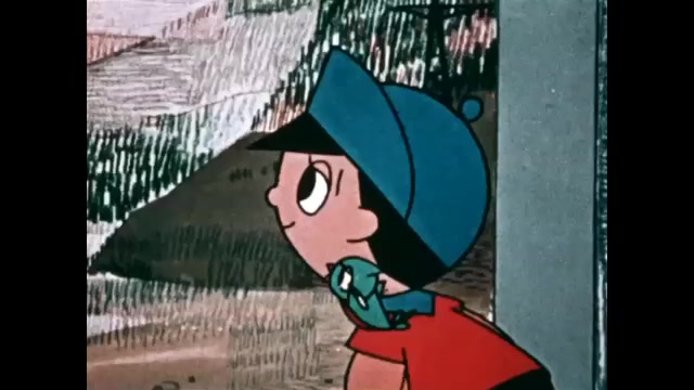1970s:Cartoon boy and bird look through window. Transmission towers and ...