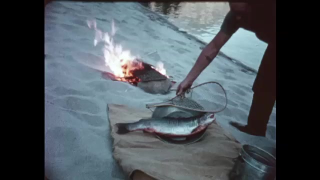 1950s: cooking fish for dinner in a pan over a fire on sandy shore of ...