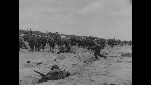 1940s: Soldiers march across beach. Soldiers march inland. Illustration ...