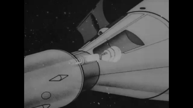 1960s: Animation of rocket ship in space. Intertitle. White House, snow ...