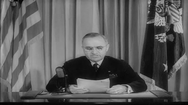 1940s: President Harry S. Truman gives broadcast speech, reading from ...