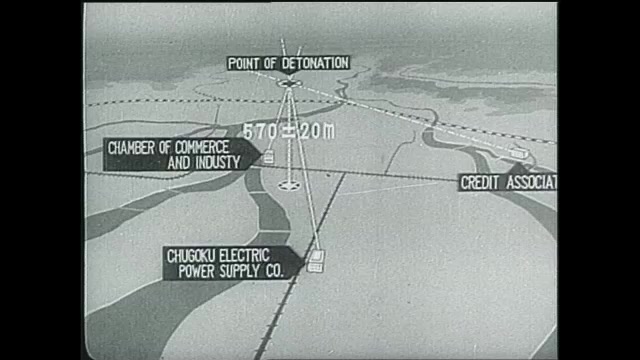 1940s: Animated map of targets in Hiroshima, zoom in. Man measuring ...
