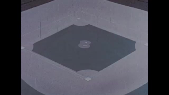 1950s: Baseball field in stadium. Baseball on field. Baseball radiates ...