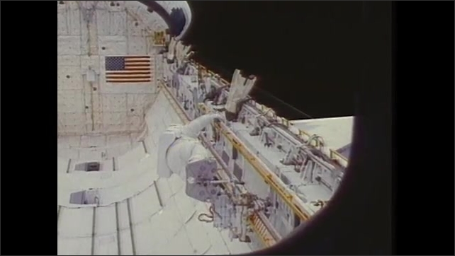 1980s: UNITED STATES: fourth flight day. Planned EVA. Astronauts travel ...