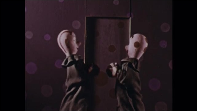 1950s: Puppet theater, bedroom, clowns hug, nod heads, clap hands, wave ...