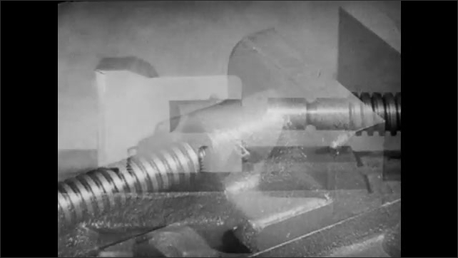 1940s: Technical drawing of clamp part. Man places pin into hole on ...