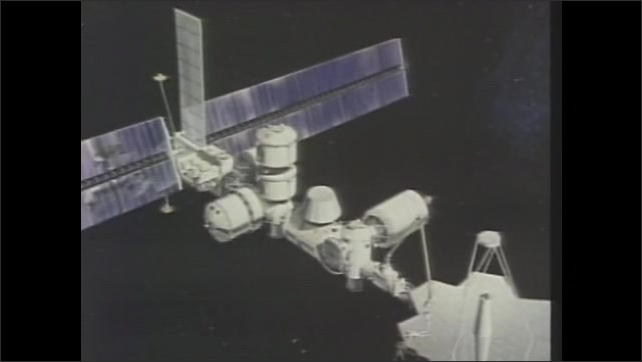 1980s: Illustration of space station. Illustration of space shuttle ...