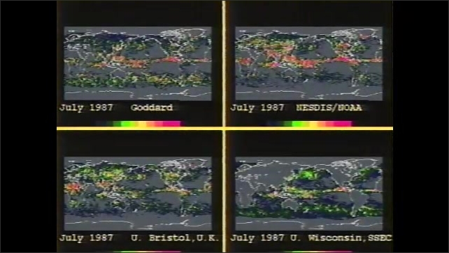 1990s: Men look at data. Animation of spinning Earth. Screens show maps ...