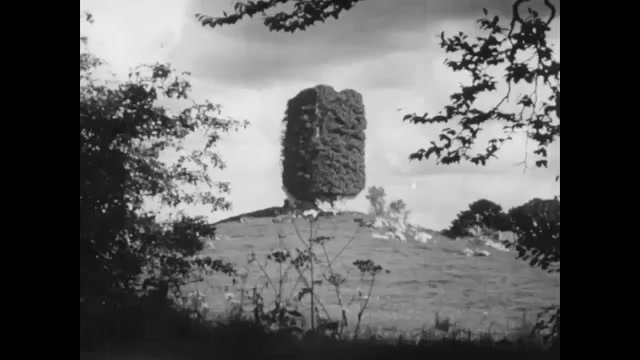 1940s: tree shaped like a rectangle on hill, stone arch ruin, lake ...